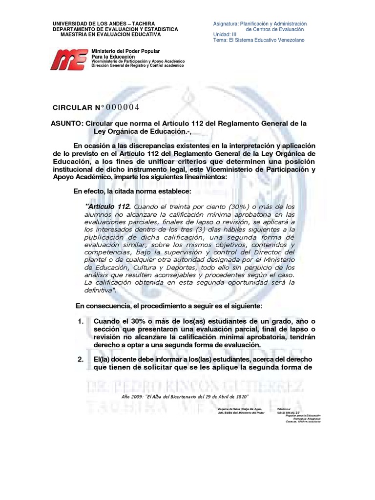 Circular 00004 | PDF | Evaluación | Venezuela