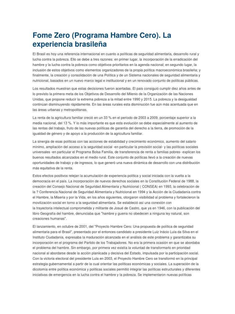 Hambre Cero Brasil Pdf Organización De Comida Y Agricultura Pobreza