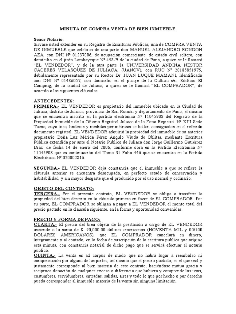 Minuta de Compra Venta de Bien Inmueble de Uancv | PDF | Derecho empresarial | Derecho contractual