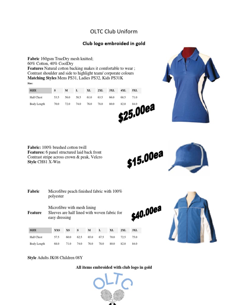 OLTC Club Uniform Details and Sizes | PDF