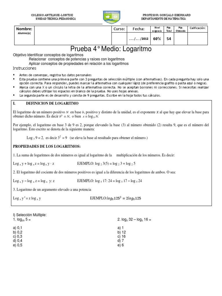 Prueba de Logaritmos Con Adecuacion | PDF | Logaritmo | Exponenciación