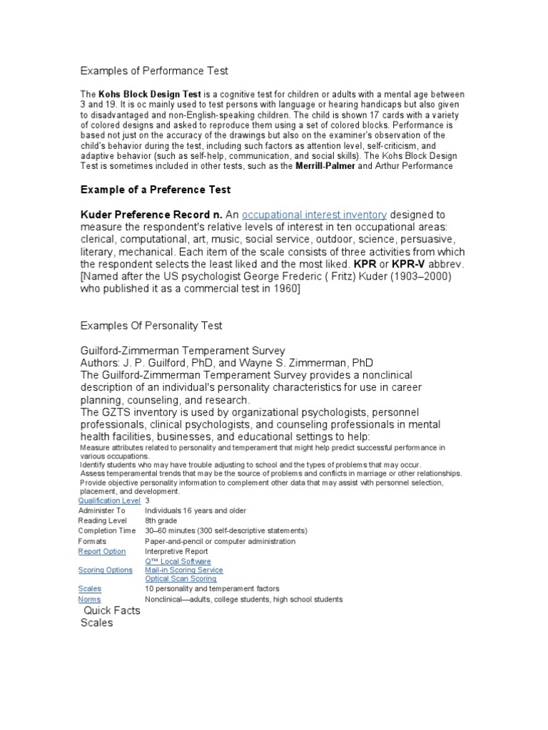 Examples of Performance Test | PDF | Neuroscience | Applied Psychology