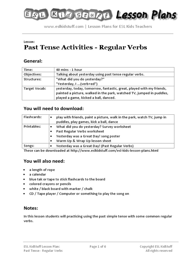 Past Tense Regular Verbs Lesson Plan | PDF | Lesson Plan | Grammatical ...