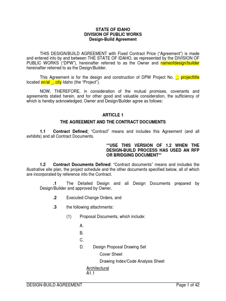 Idaho Design-Build Agreement Template | PDF | General Contractor ...