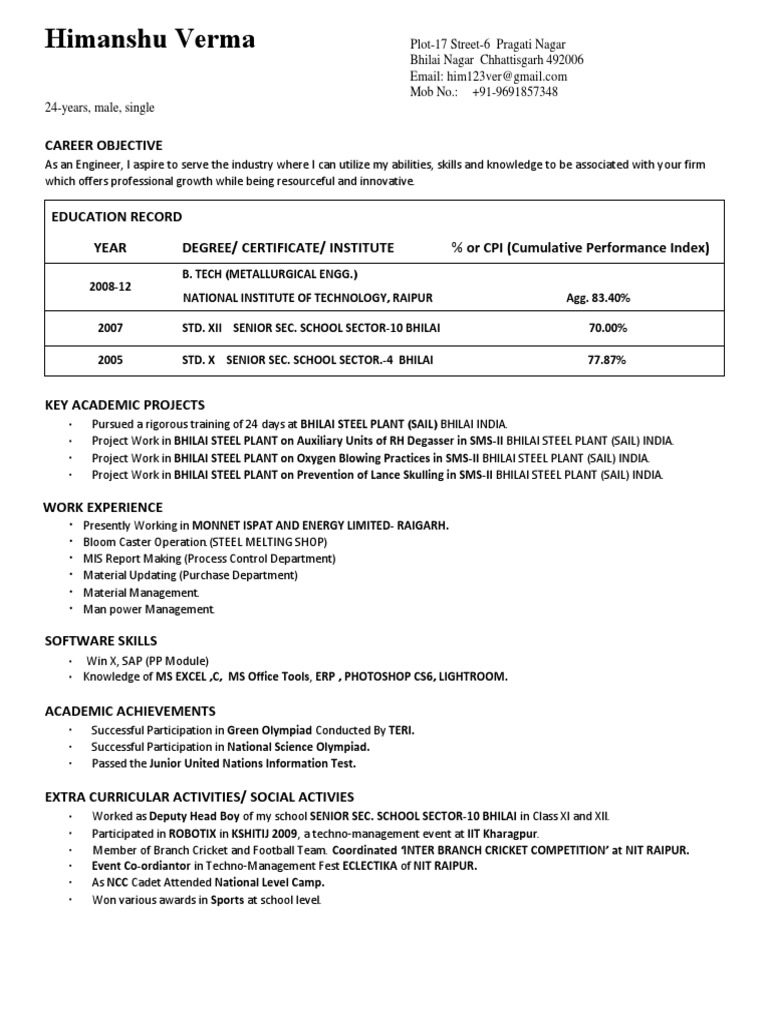 Himanshu Verma CV | PDF | Steel Mill | Steel