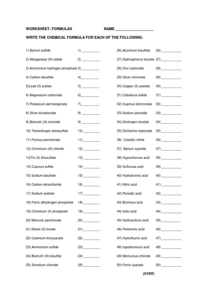Chemical Formulas and Naming Worksheet | PDF