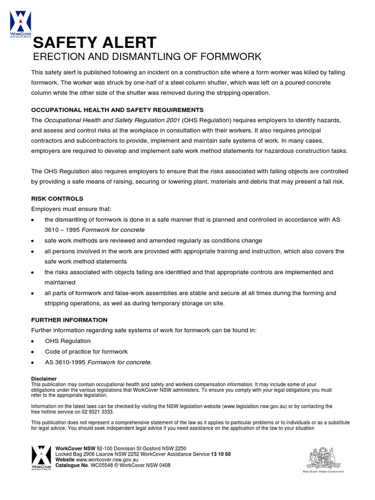 Erection Dismantling Formwork Safety Alert 5548 | PDF | Occupational ...