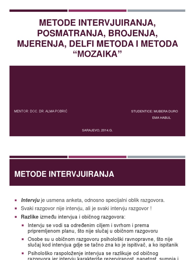Metode Intervjuiranja, Promatranja, Brojenja, Mjerenja | PDF
