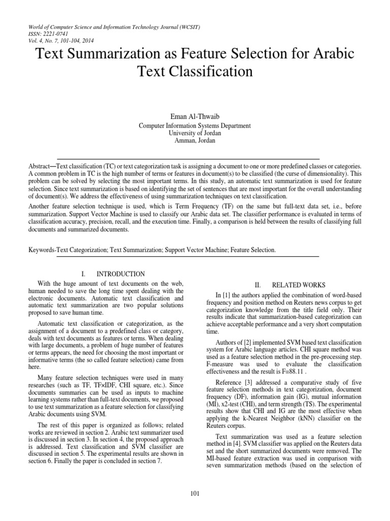 Text Summarization As Feature Selection For Arabic Text Classification