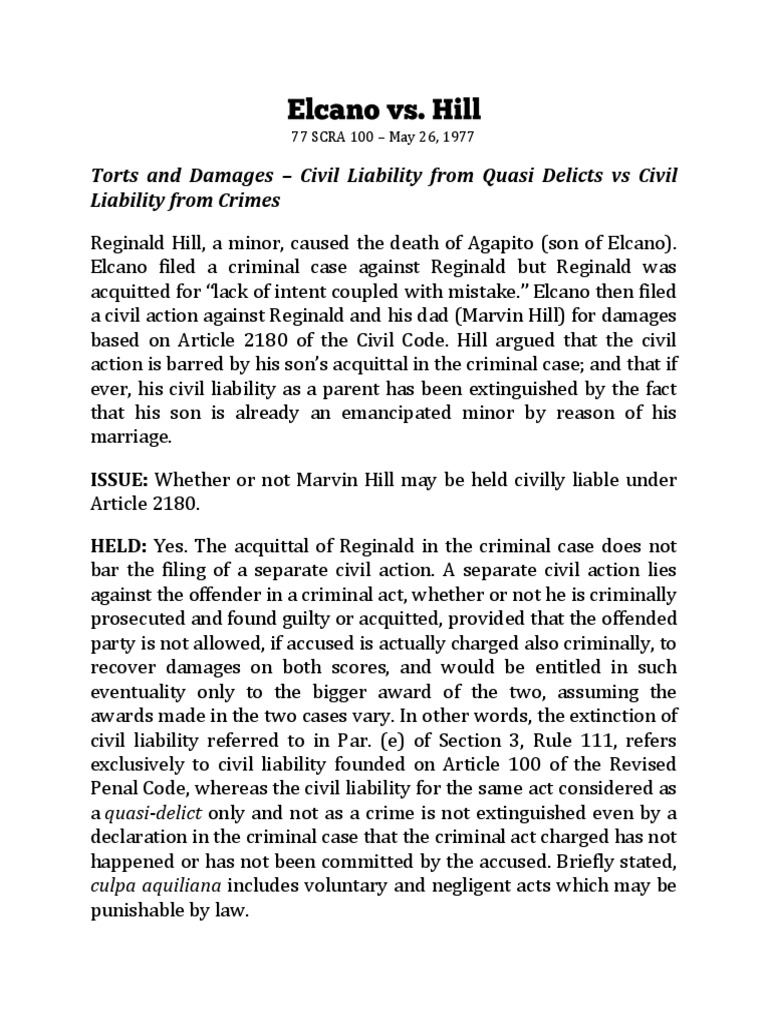 Elcano v. Hill: Civil Liability Ruling | PDF | Acquittal | Crime & Violence