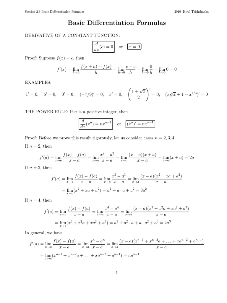 Basic Differentiation Formulas | PDF | Sine | Trigonometric Functions