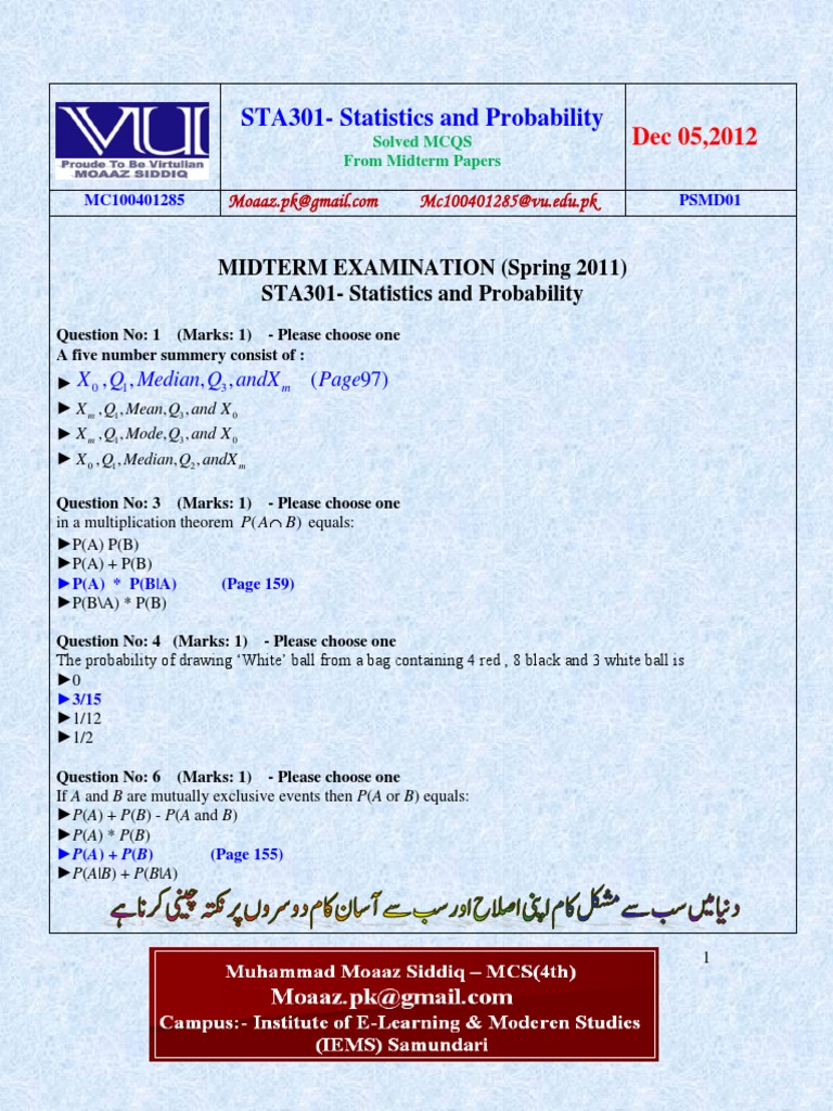 STA301 | PDF | Arithmetic Mean | Histogram