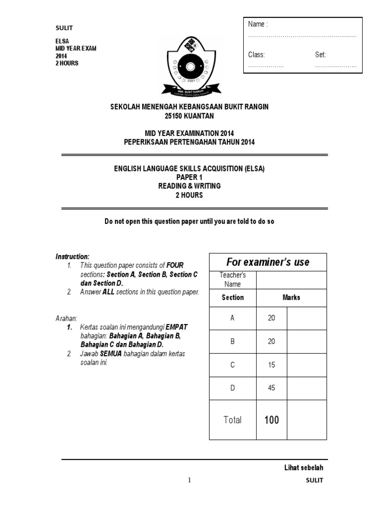 Answer Scheme For Form 2 English Mid-Year 2014 Examination | PDF