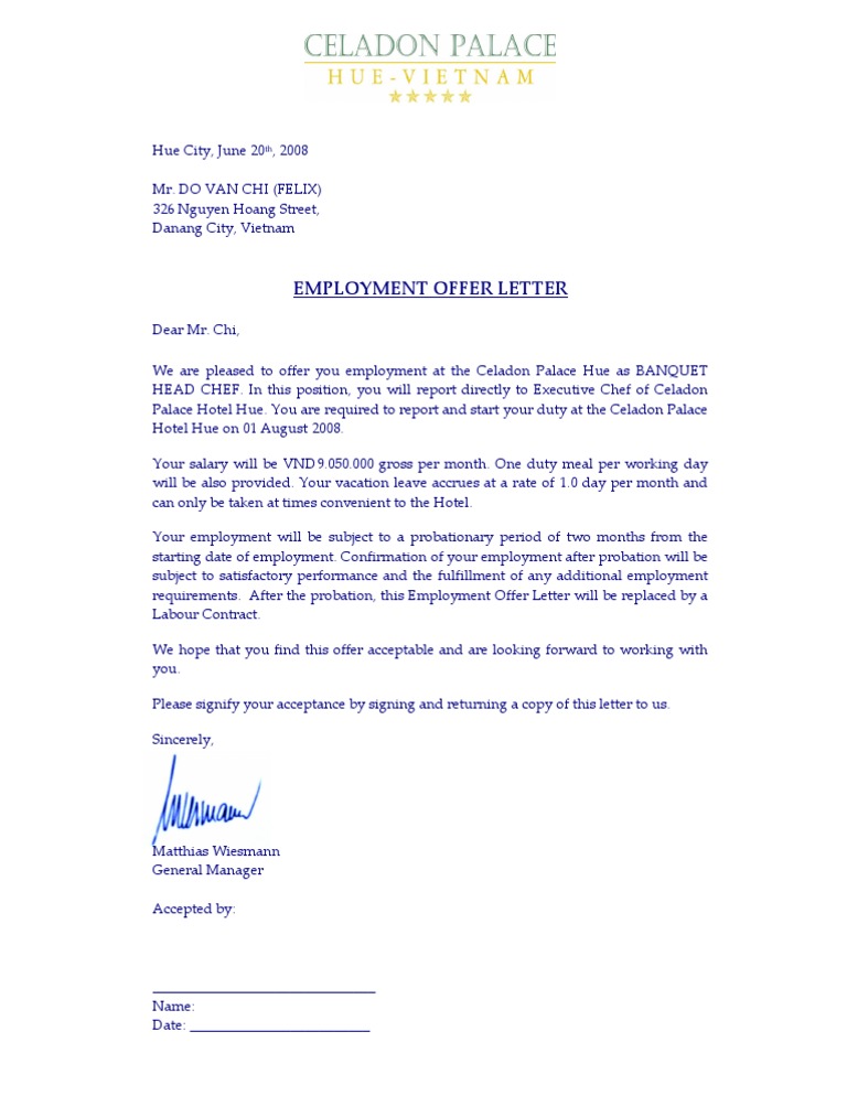 EMPLOYEE OFFER LETTER Celadon Bandquet Head Chef - Do Van Chi | PDF ...
