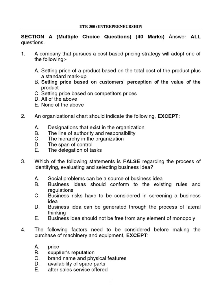 Entrepreneurship Exam Questions and Answers | PDF | Partnership | Sole ...