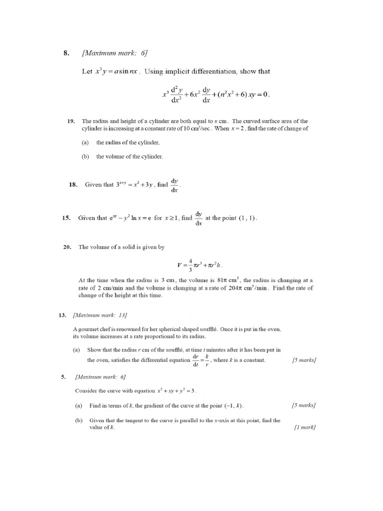 Implicit Differentiation and Related Rates Review Set | PDF