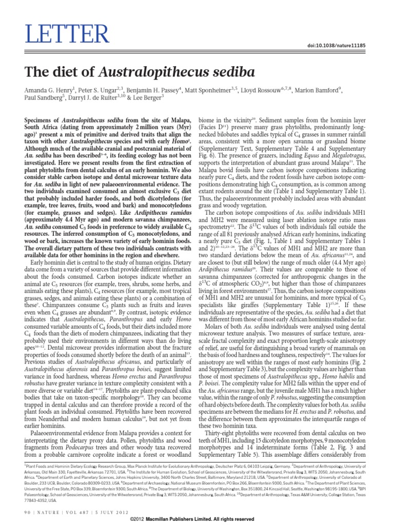Letter: The Diet of Australopithecus Sediba | PDF | Nature