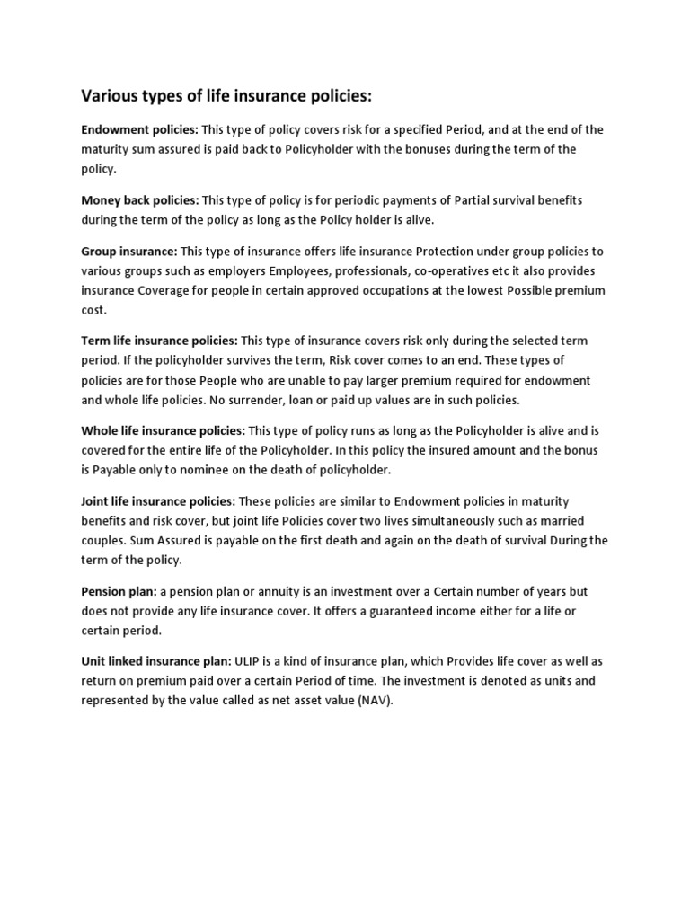 Various Types of Life Insurance Policies | PDF | Life Insurance | Insurance