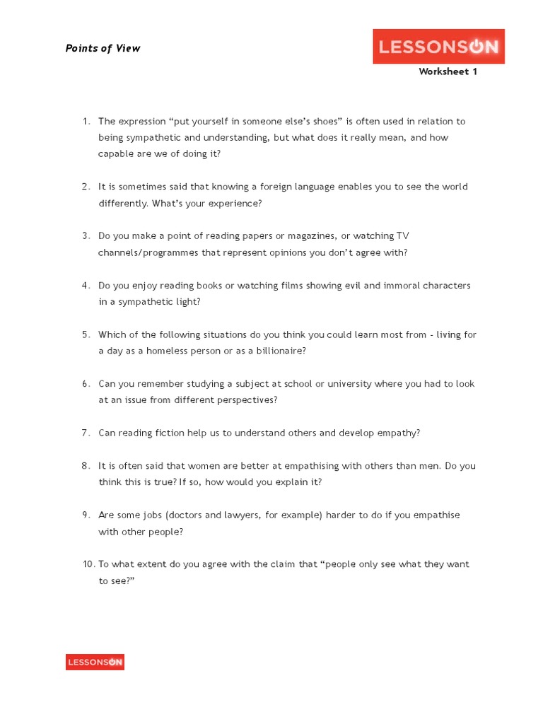 Points of View Worksheet 1 | PDF