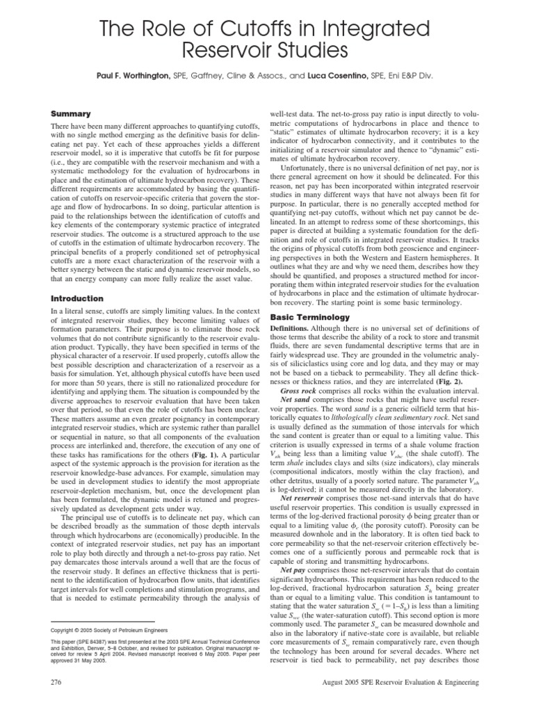 The Role of Cutoffs in Integrated Reservoir Studies | PDF | Petroleum ...