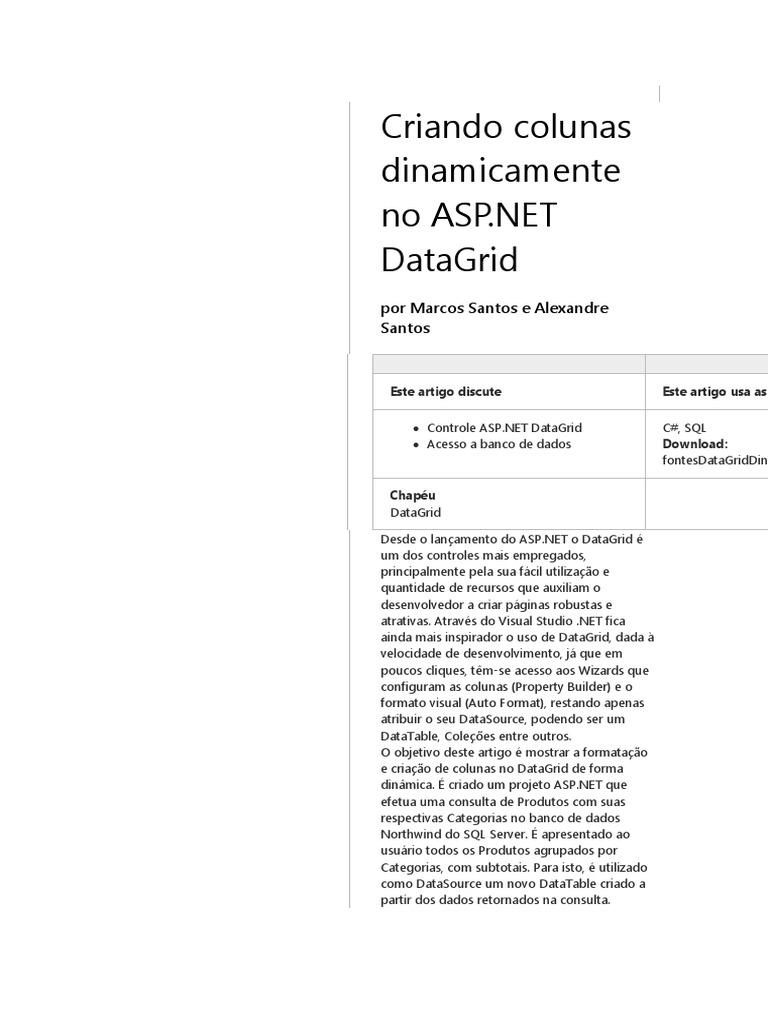 Criando Colunas Dinamicamente No Asp Net Datagrid Pdf Classe Programação De Computadores