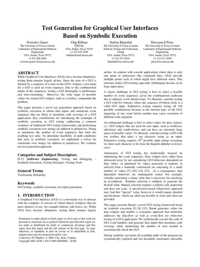 Test Generation For Graphical User Interfaces Based On Symbolic Execution Pdf Software