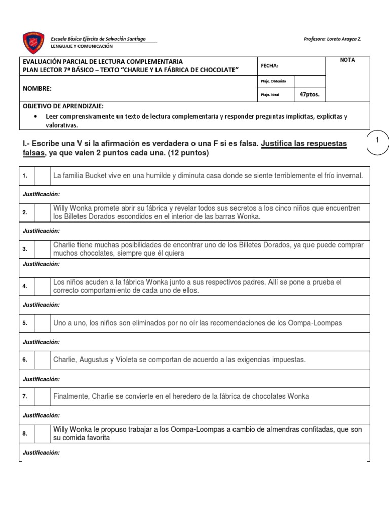 Evaluación Parcial de Lectura Complementaria - Charlie y La Fabrica de ...