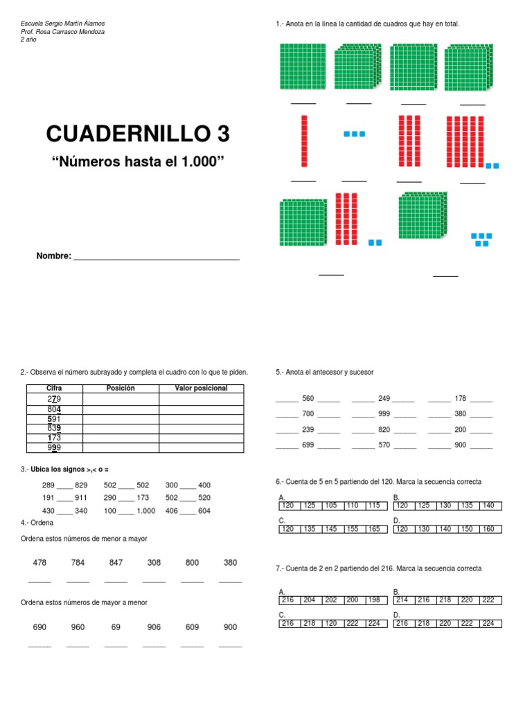 Cuadernillo 3, Numeros Hasta El 1000 | PDF
