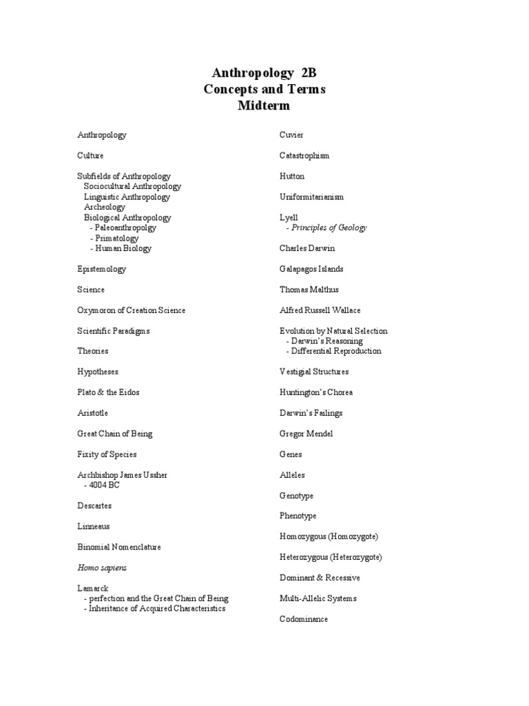Anthropology 2B Concepts and Terms Midterm: Homo Sapiens | PDF ...
