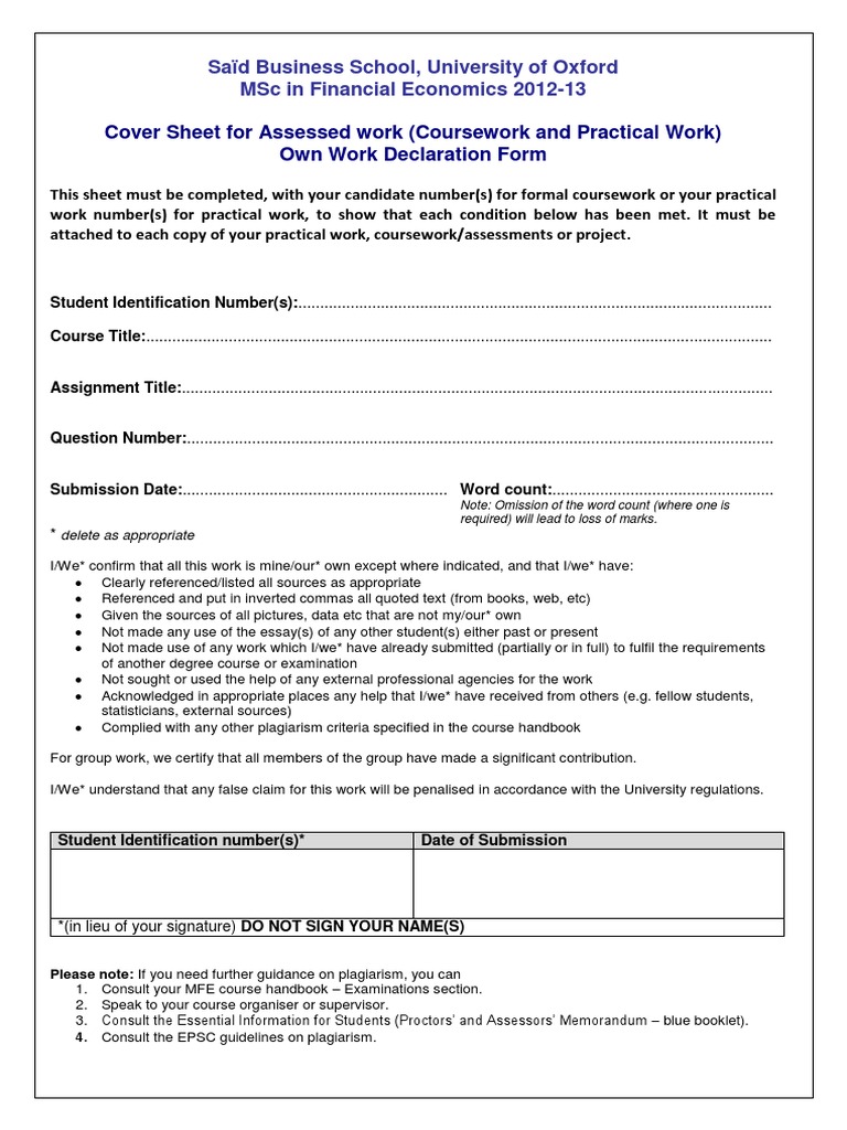 Practical Work Cover Sheet Oxford | Download Free PDF | Plagiarism ...