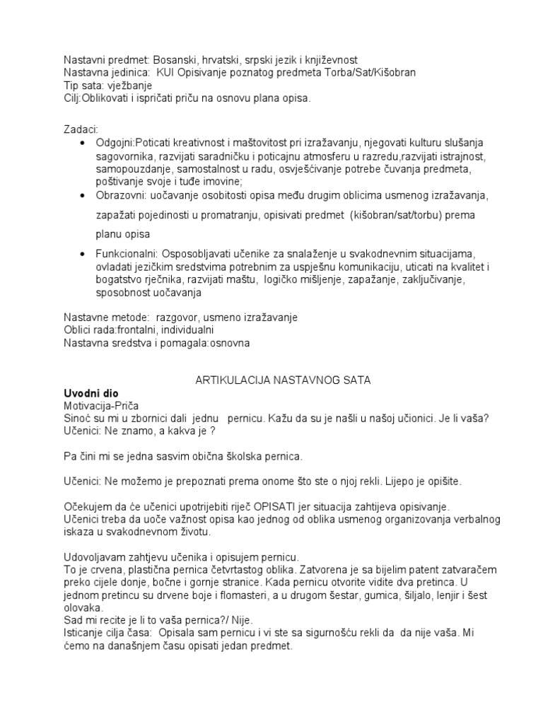 KUI Opisivanje Poznatog Predmeta Torba Sat Kisobran | PDF