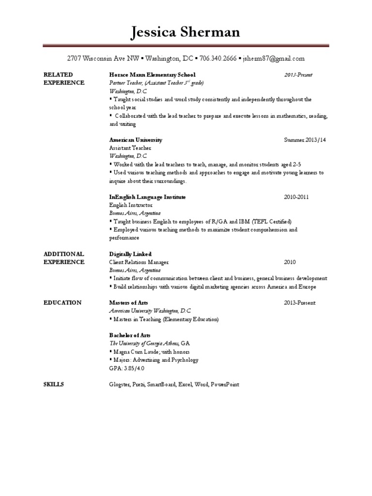 Jessica Sherman's Teaching Experience Resume | PDF