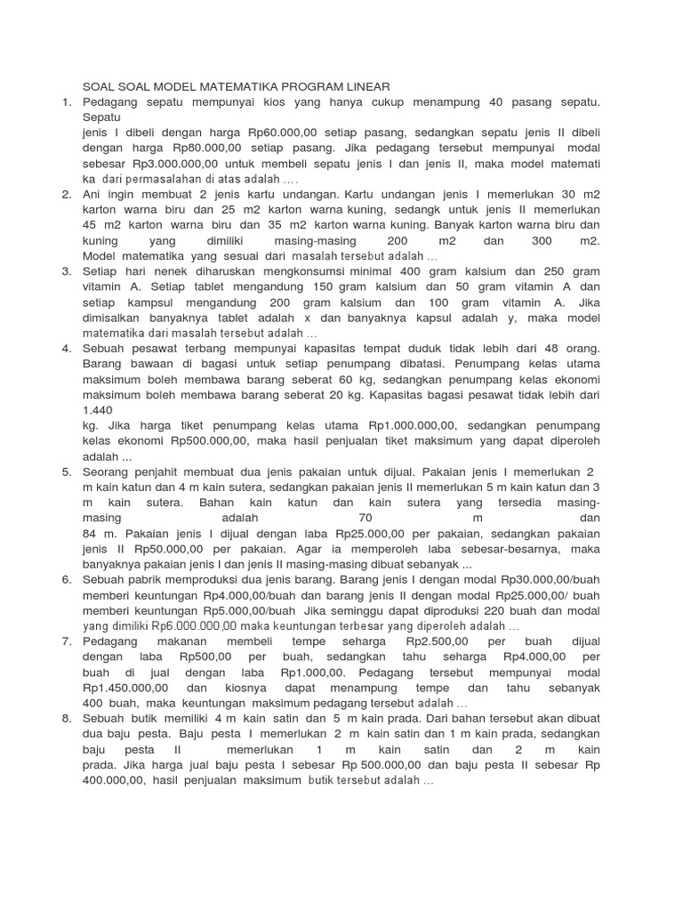 Model Matematika Program Linear Soal | PDF | Seni | Gaya Hidup