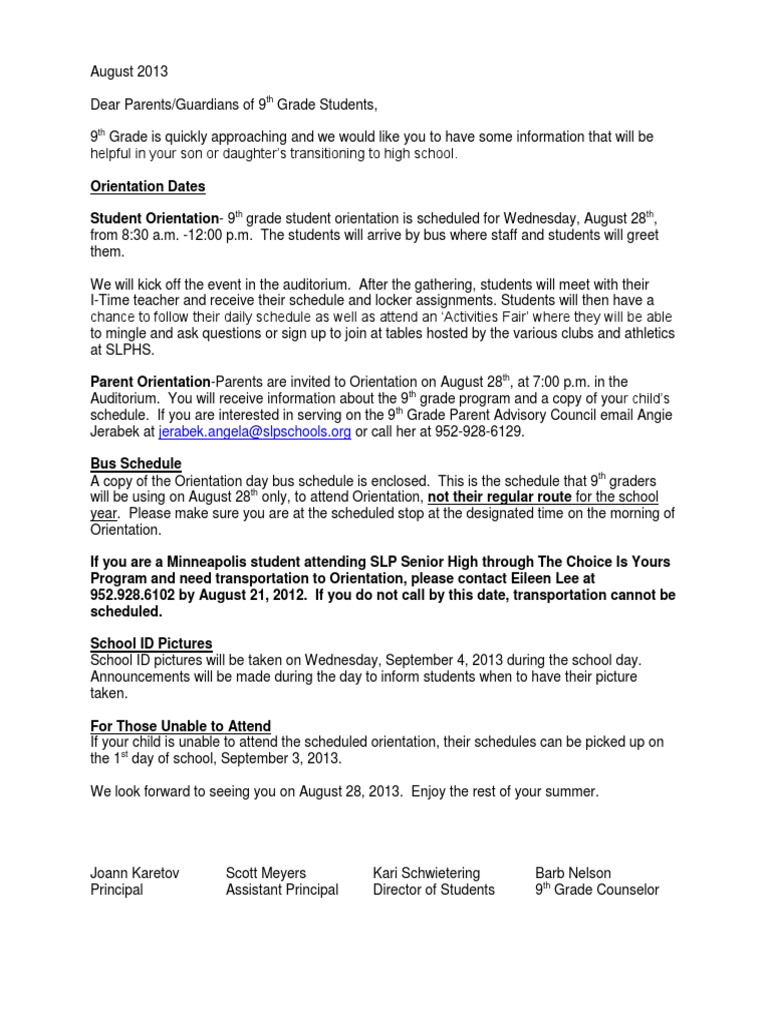 Freshman Orientation Letter | PDF