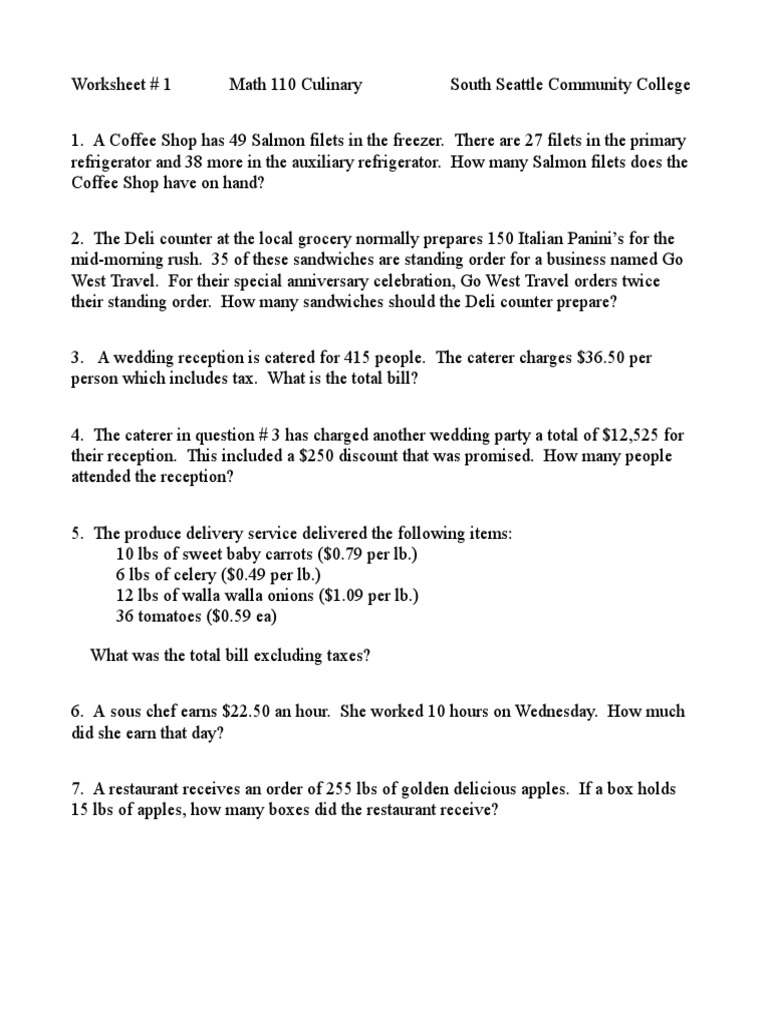 Culinary Math Exercises | PDF