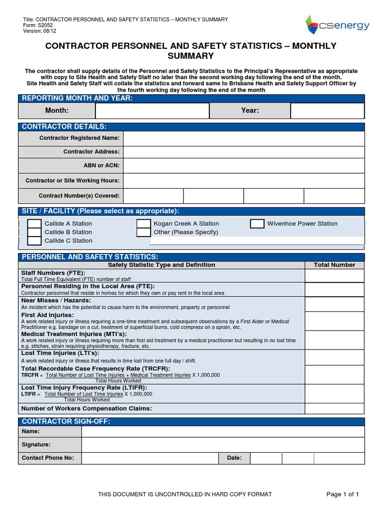 Monthly Contractor Safety Summary | PDF | First Aid | Full Time Equivalent