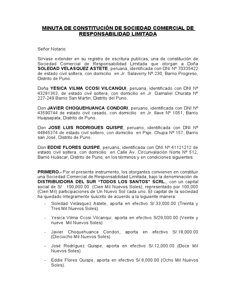 Minuta de Constitución de Sociedad de Responsabilidad Limitada y Acta