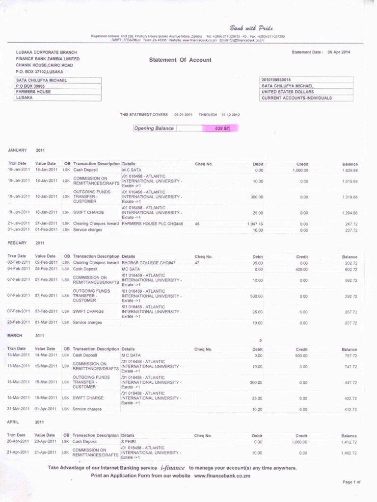 President Michael Sata's Bank Account Statement | PDF | Economies | Banking