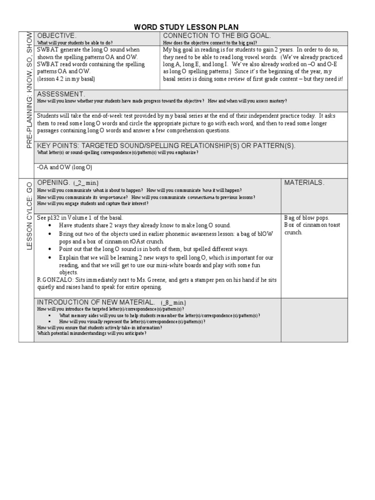 Word Study Lesson Plan: Connection To The Big Goal | PDF | Phonics ...