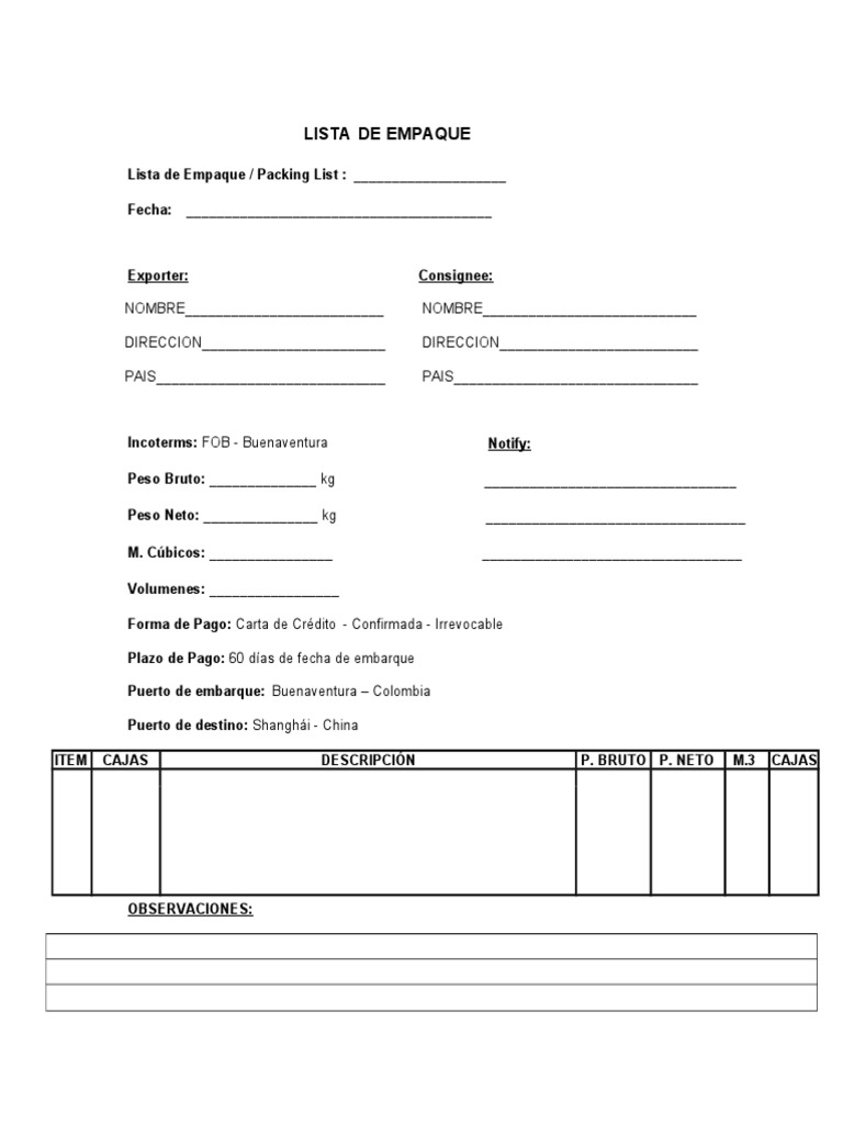 Lista de Empaque | PDF