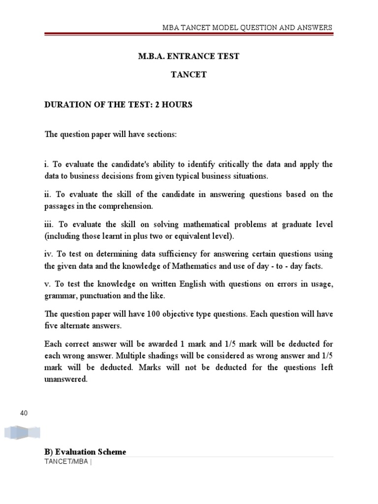 M.B.A. Entrance Test Tancet: Mba Tancet Model Question and Answers ...