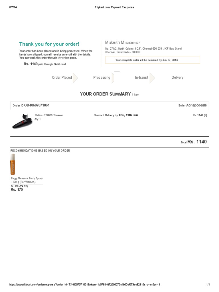 Flipkart Order Confirmation Details | PDF