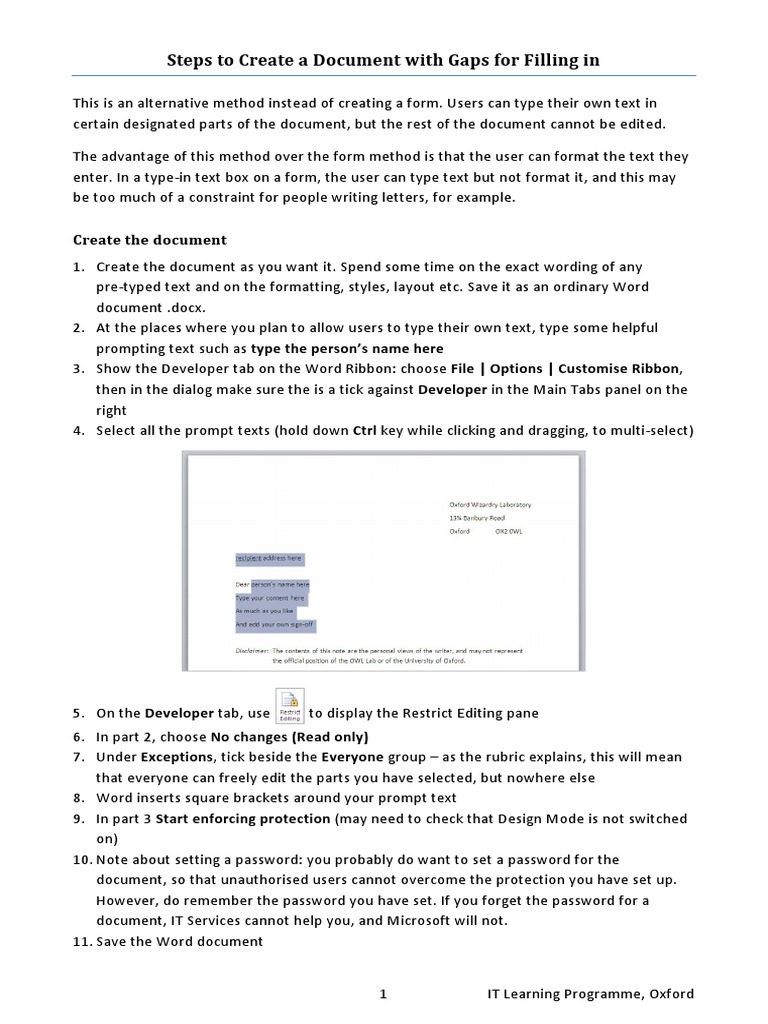 Steps To Create A Document With Gaps For Filling in | PDF