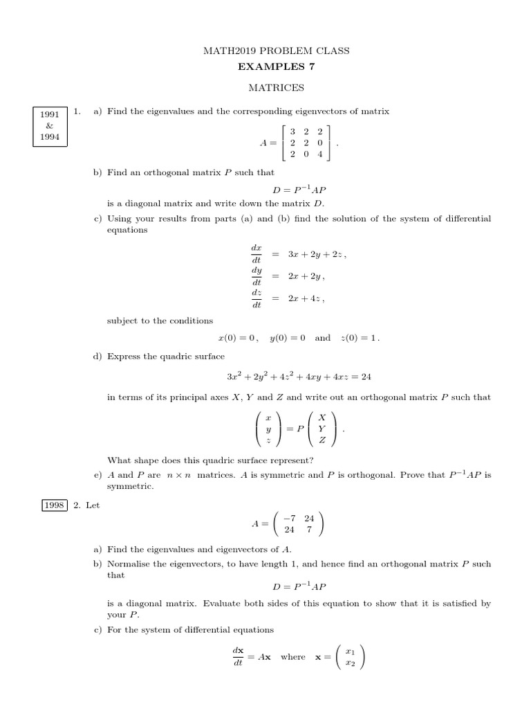 Math2019 Problem Class Examples 7 Matrices | PDF | Eigenvalues And Eigenvectors | Matrix ...