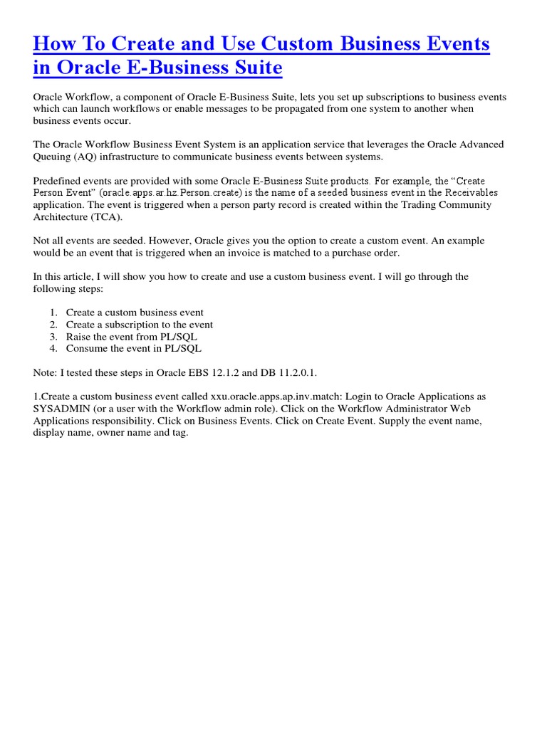 How To Create and Use Custom Business Events in Oracle E | PDF | Pl/Sql ...