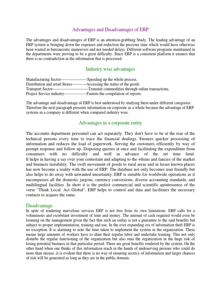ERP Advantages and Disadvantages Overview | PDF | Enterprise Resource ...