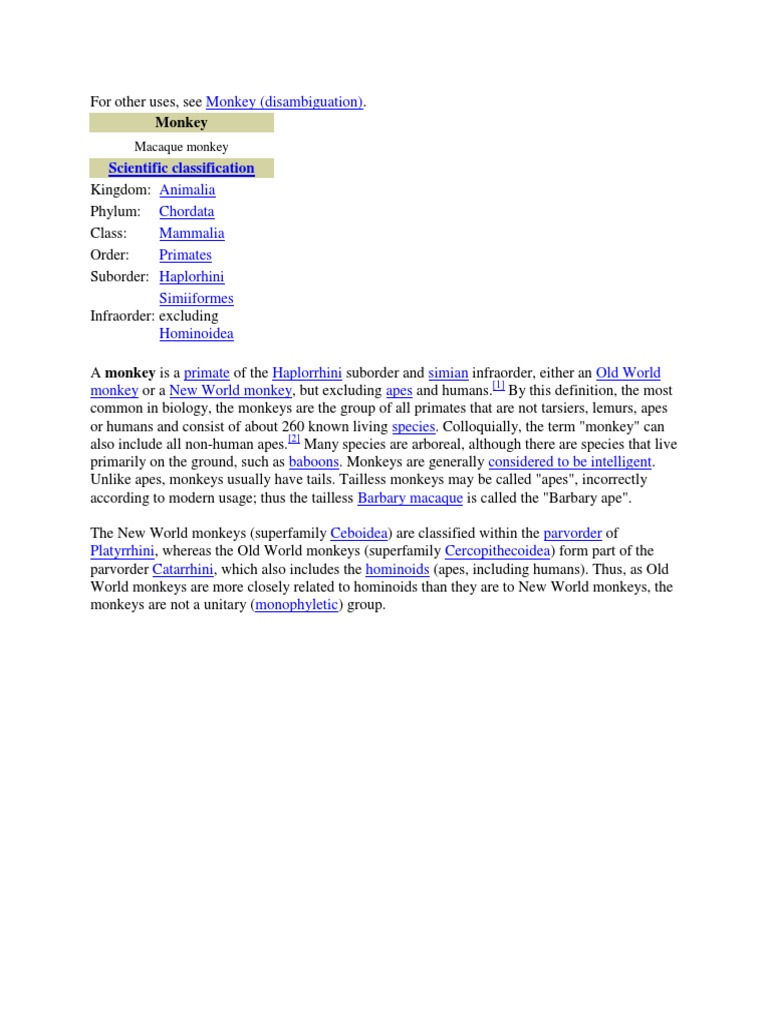 Monkey Taxonomic Classification Overview | PDF | Social Science