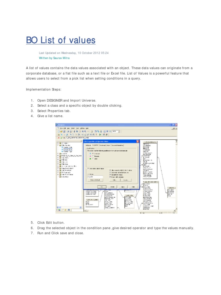 BO List of Values | PDF | Sql | Databases