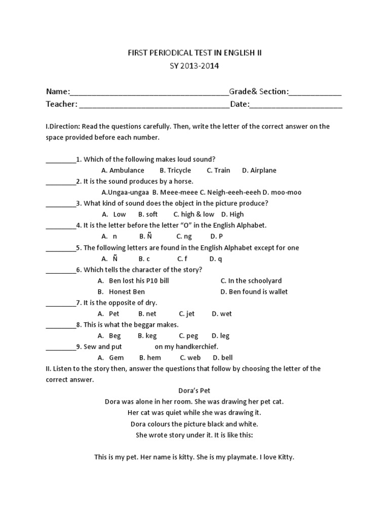 Grade 2 English 1st Periodical Test | PDF