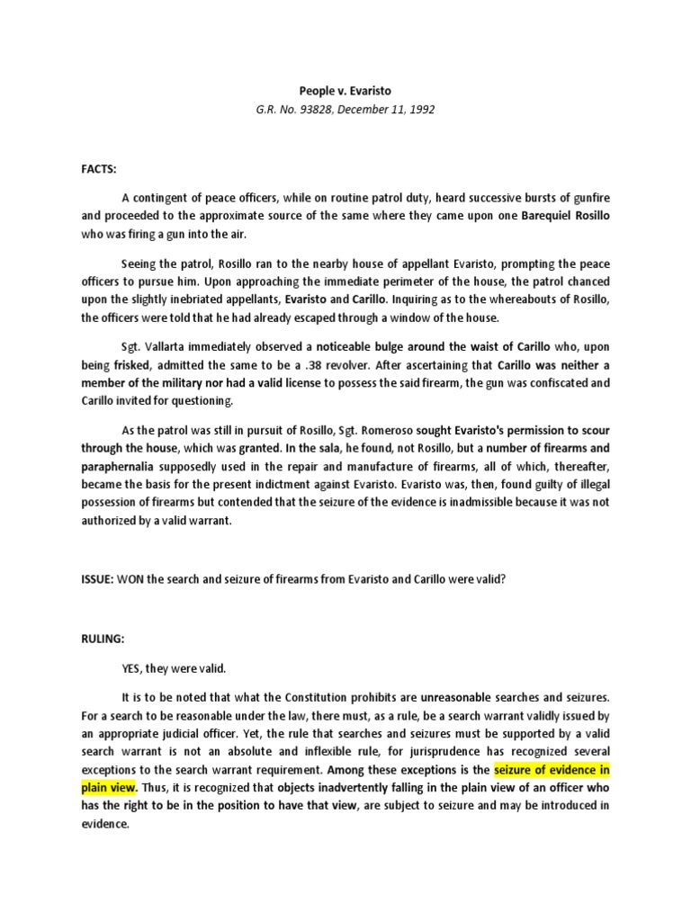 People v. Evaristo (Plain View Doctrine Search Incidental To Lawful ...